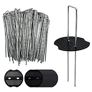 100 Pack 6 Inch Landscape Staples & 100pcs Fixing Gasket Sets, Garden Stakes Galvanized Steel Fabric Pins Heavy-Duty U Shape Sod Turf Pins for Ground Weed Fabric Barrier, Orchard, Yard, Tents
