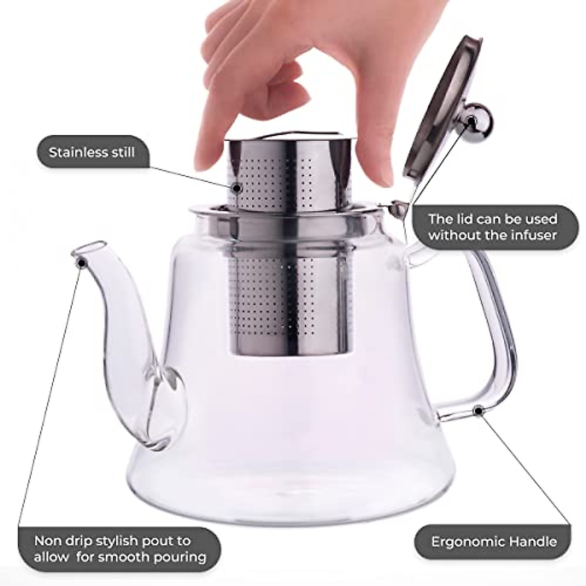 Aserson 1200 ml/40 oz Glass Teapot, Heat Resistant, Stainless Steel Infuser, Handmade, Leaf Tea Brewer, Borosilicate Glass, Stovetop Teapot and Microwave Safe