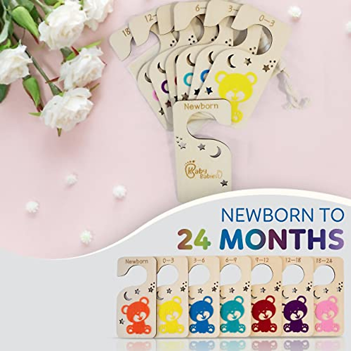 Wooden Baby Closet Dividers for Baby Nursery – 7Pcs Premium Wooden Hanging Organizer for Baby Clothes – Cute Felt Baby Cub Design Closet Dividers for Hanging Clothes – Easy to Install