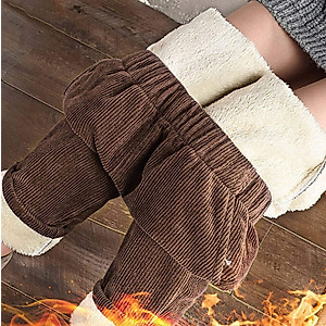 Fleece Lined Corduroy Pants for Women's Winter Warm Sweatpants Plush Sherpa Long Trousers Thick Jogger Pants Brown