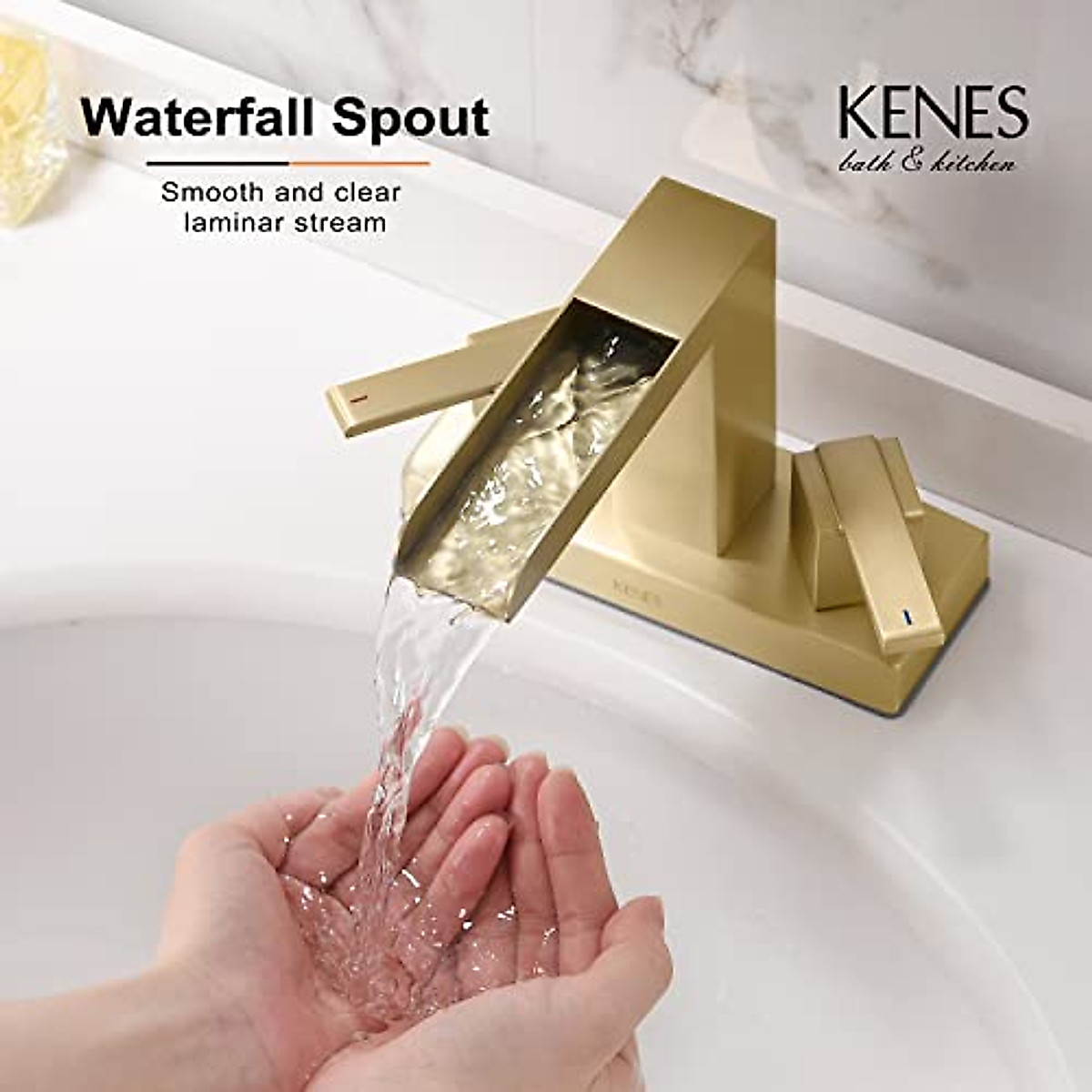KENES Brushed Gold Waterfall Bathroom Faucet 3 Hole Gold 4 Inch 2 Handle Centerset Bathroom Sink Faucet Modern Bathroom Vanity Faucet with Supply Lines, KE-9053-4