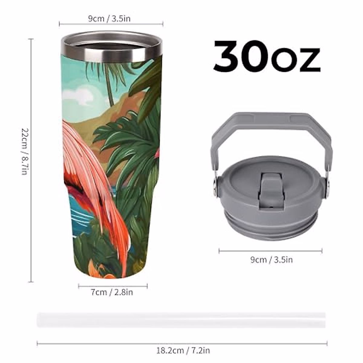 BWQJKUO Large Capacity Car Cup 30 Oz Stainless Steel Tropical Flamingo Printed Travel Mug Leak-proof Flip Straw Tumbler with Handle,keeps Cold Or Ho