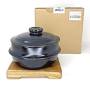 Korean Stone Pot(Dolsot,Ttukbaegi) with Lid, 32oz Premium Ceramic Hot Pot for Bibimbap and Soup, Sizzling for Authentic Korean Cooking, Includes Wooden Tray Set