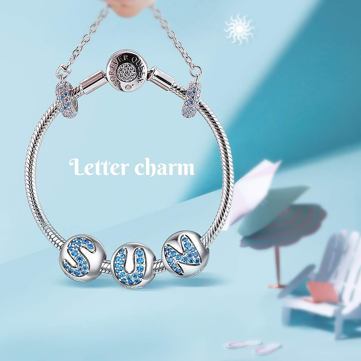 FOREVER QUEEN Alphabet Initial A-Z Letter Charm Bead in 925 Sterling Silver with 5A Blue CZ fit European Bracelet Necklace for Birthday Women Men Gifts (Letter. C Charm)