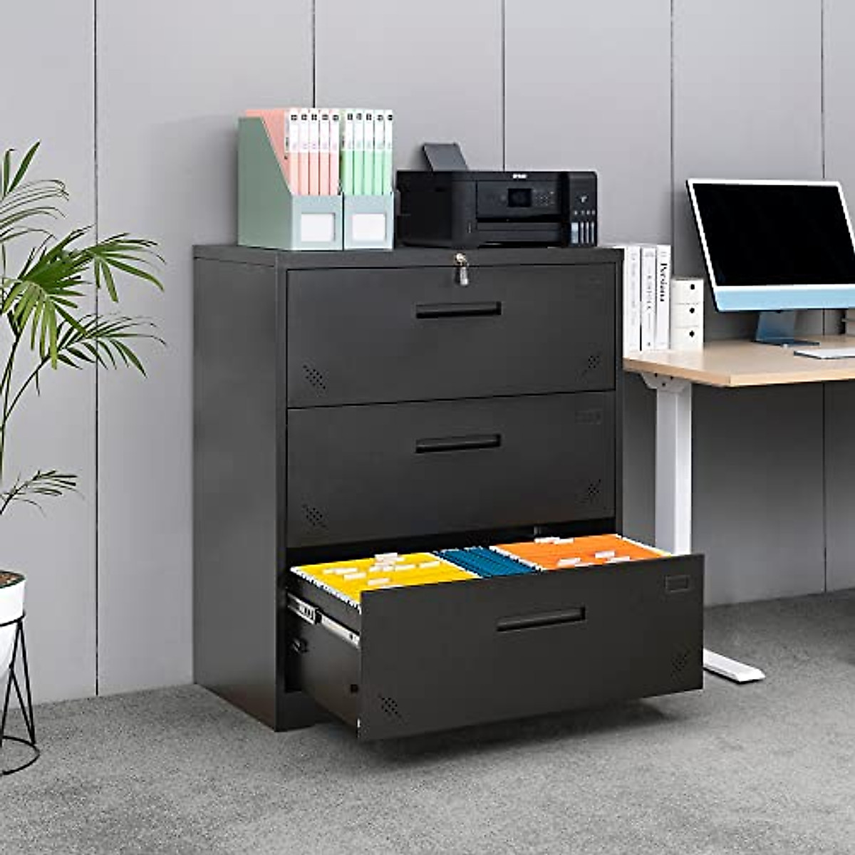 Yone jx je 3 Drawer Lateral Filing Cabinet for Legal/Letter A4 Size, Large Deep Drawers Locked by Keys, Locking Wide File Cabinet for Home Office, Metal Steel (Black)