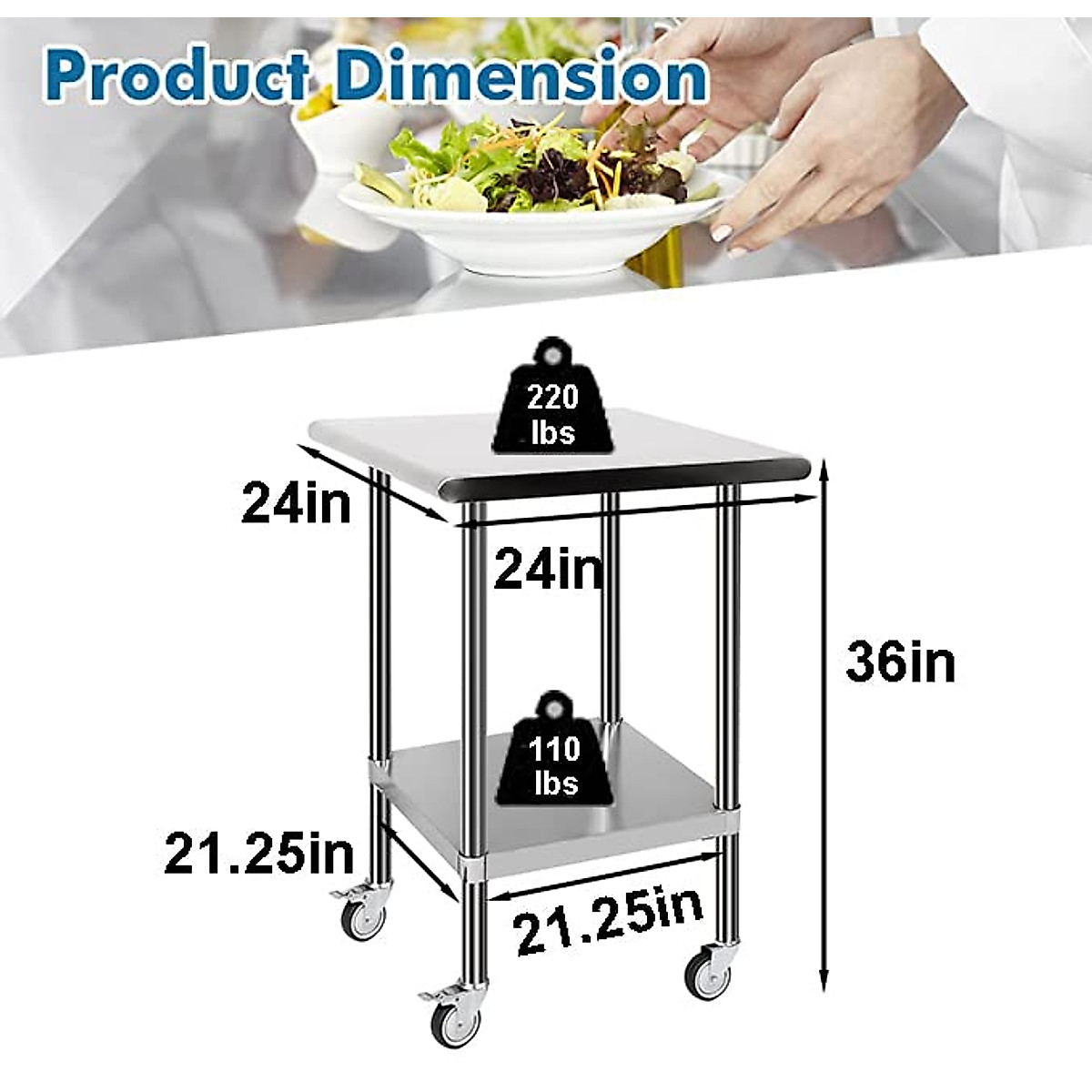 MYOYAY Stainless Steel Table for Prep & Work 24 x 24 x 36 Inches NSF Metal Commercial Table with Adjustable Under Shelf Heavy Duty Work Table with Wheels for Restaurant, Home and Hotel