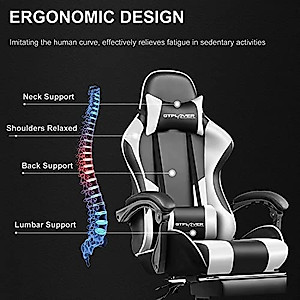 GTPLAYER Gaming Chair, Computer Chair with Footrest and Lumbar Support, Height Adjustable Game Chair with 360°-Swivel Seat and Headrest and for Office or Gaming (White)