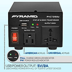 Pyramid Step Up and Down Converter -350 Watt Voltage Converter Transformer w/ USB Charging Port, UK Power Adapter, AC 110 / 120 to 220 / 240 Volt Vice Versa, 110V/120V/220V/240V Input Voltage PVCT350U