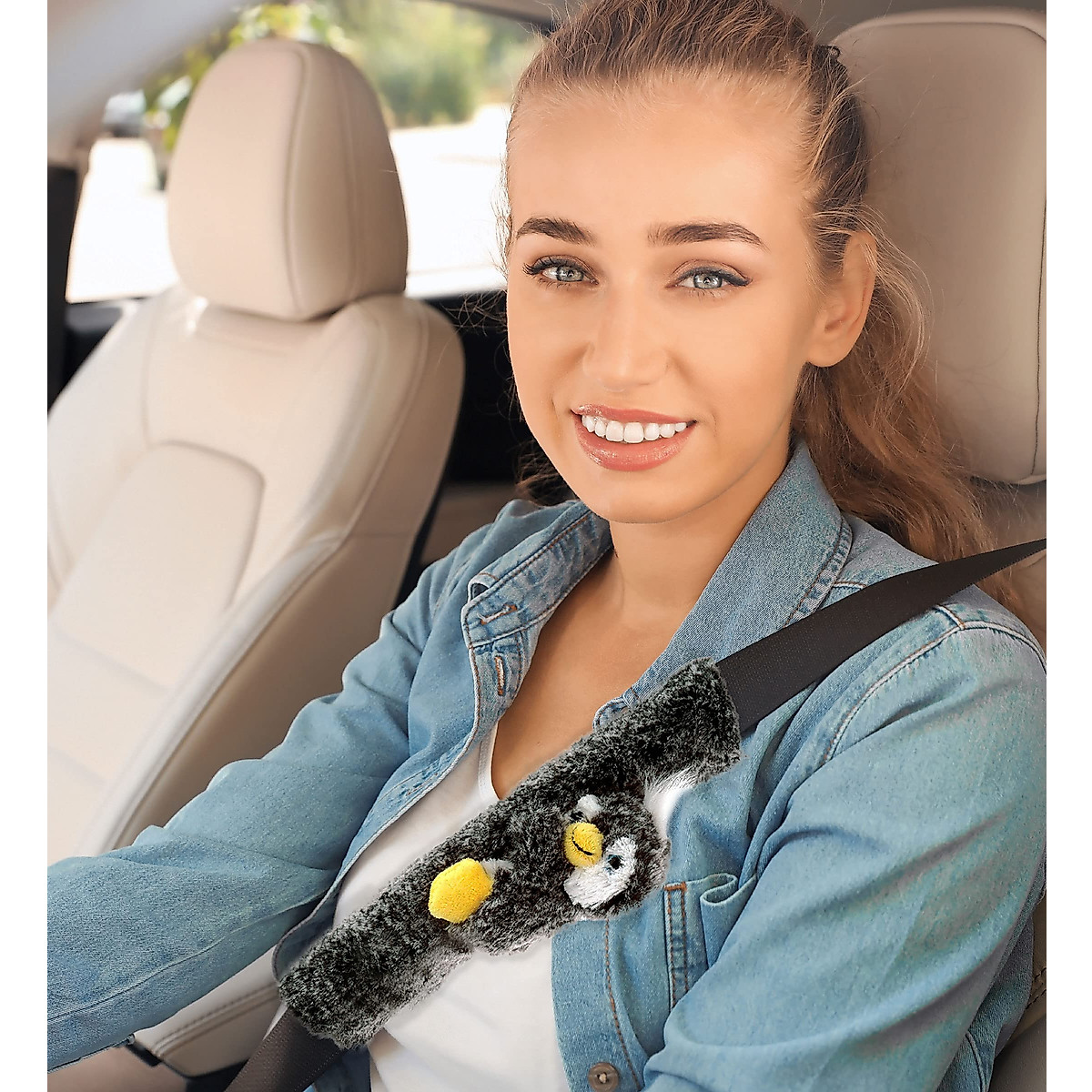 DolliBu Black Penguin Plush Car Seatbelt Cover - Soft Fluffy Cushion Support for Safety Seat Belt Strap Cover, Decorative Wild Life Stuffed Animal Padded Toy Cute Vehicle Accessory for Kids & Adults