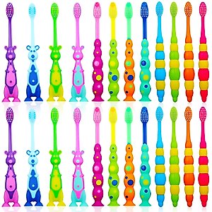 Lauwell 24 Pieces Toddler Toothbrush Bulk Kids Toothbrush Pack Manual Baby Toothbrushes with Covers Suction Cup Toothbrush Lovely Soft Bristle Animal Toothbrush for Kids Sensitive Teeth