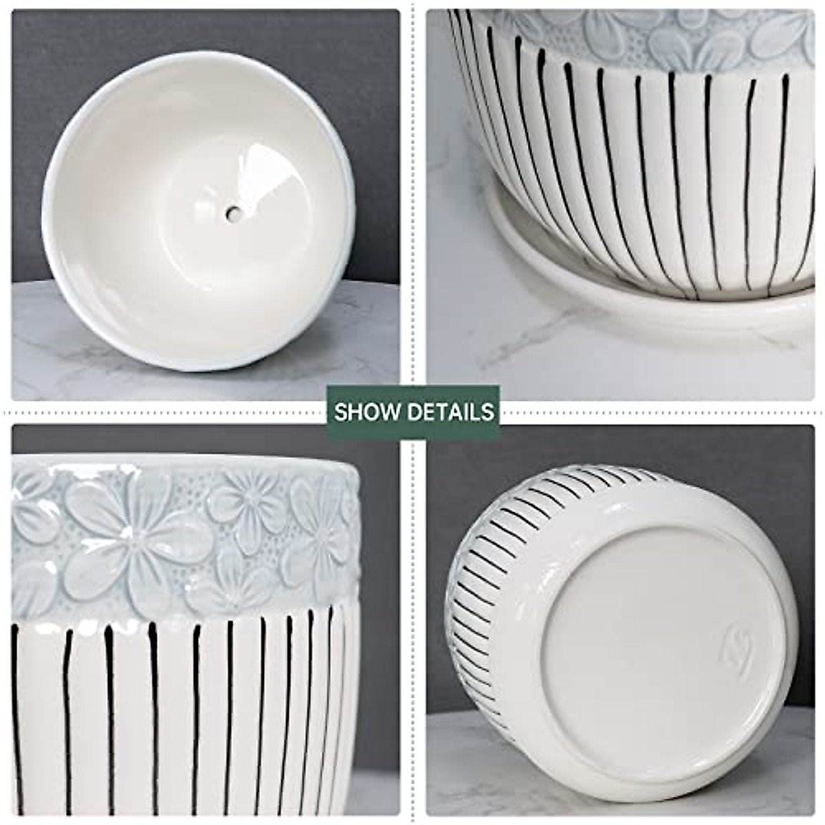 Ton Sin Grey Flower Pots,Texture Planter for Indoor Plants Set of 3 Ceramic Flower Pots with Saucer,Cute Garden Pots Succulent Pots（3 Pack,Grey