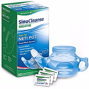 SinuCleanse Soft Tip Neti-Pot Nasal Wash Irrigation System Relieves Nasal Congestion & Irritation due to Cold & Flu, Dry Air, Allergies, Includes 30 All-Natural, Pre-Mixed Buffered Saline Packets