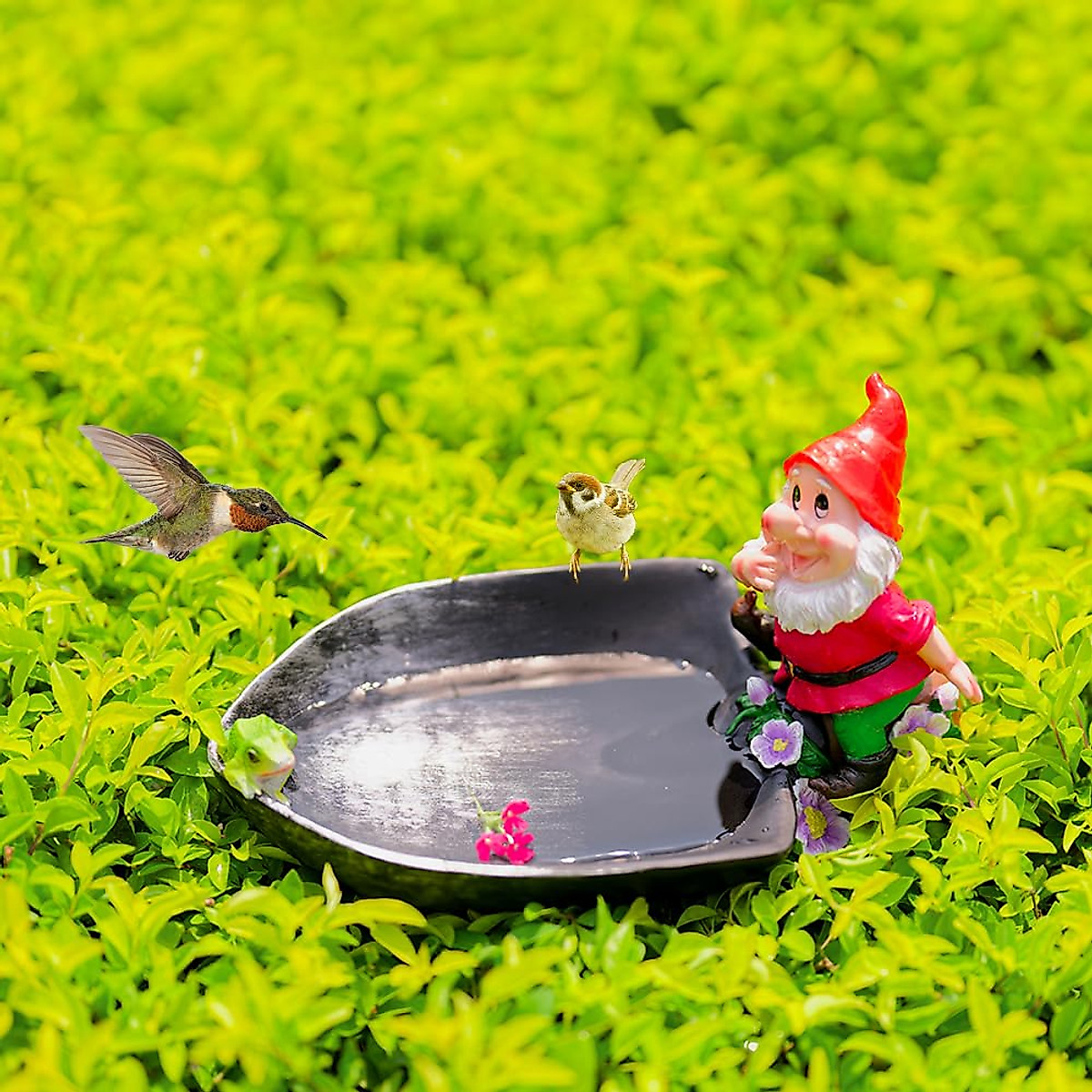 giole Shovel Shaped Bird Bath with Dwarf, Resin Bird Baths for Outdoors, Gnome Birdbath Bowl for Patio Lawn Garden Decor