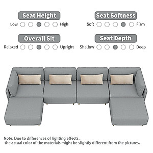MGH Sectional Sofa Couch, Luxury Contemporary U-Shape Sofa Set,Linen Fabric 4-Seat and 2 Ottoman Living Room Couch Chaise Living Room Furniture Sets,Grey