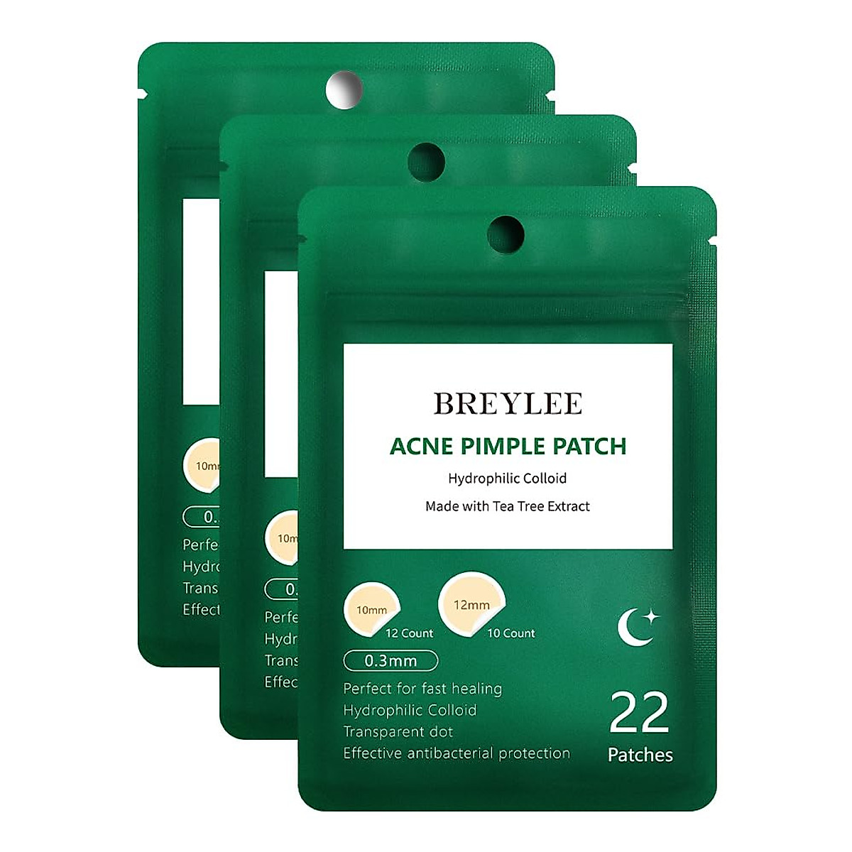 BREYLEE Acne Patches, Tea Tree Pimple Patches Acne Dots Acne Absorbing Cover Pimple Healing Sticker Acne Treatment Hydrocolloid Acne Patch (3 Pack, 66 Count)