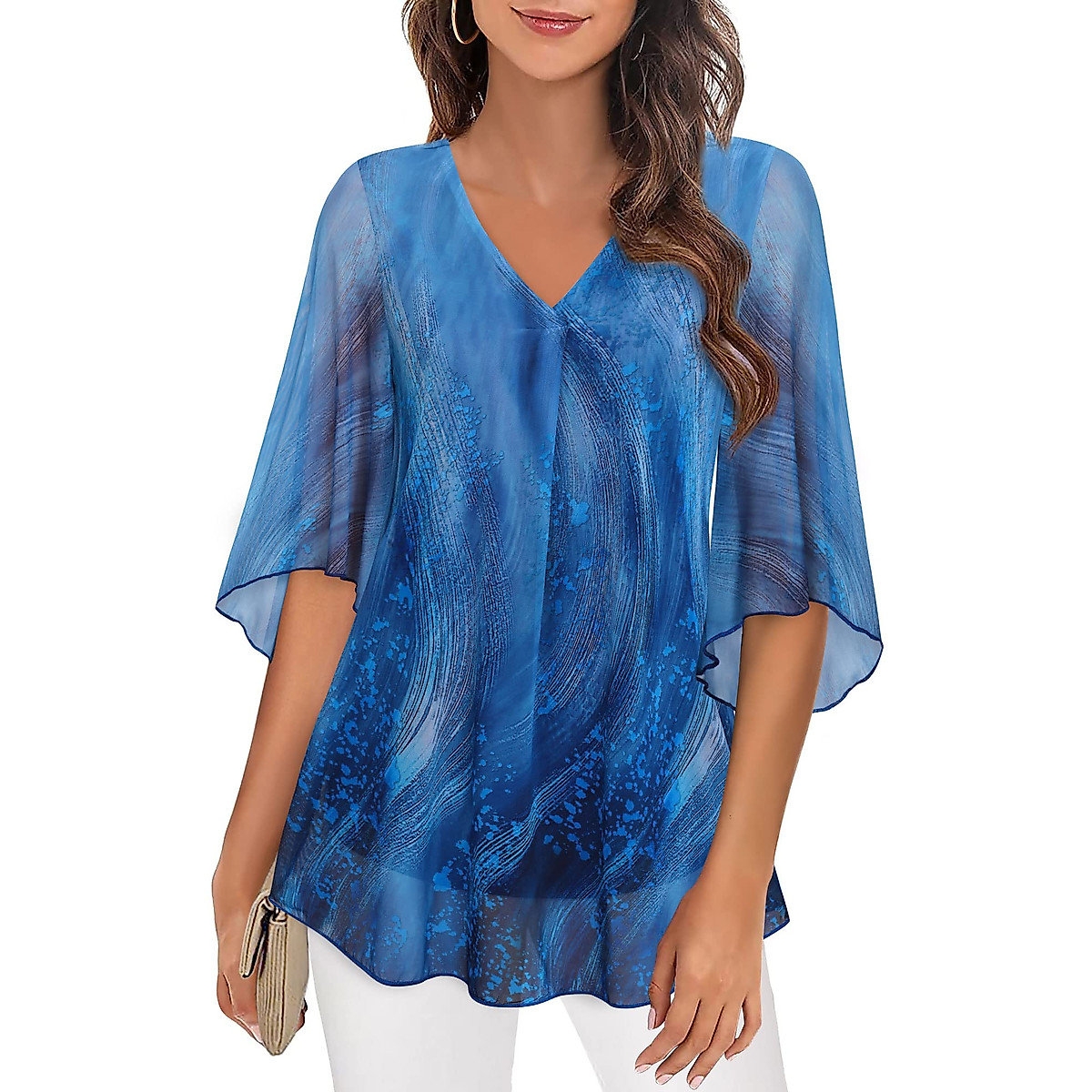 Bebonnie Womens 3/4 Sleeve Tops and Blouses Fashion 2023 Bell Sleeve Polyester Tunic Tops Loose Fit Chiffon Blouses Business Casual Formal Tops for Women Elegant Evening Wear Starry Blue M