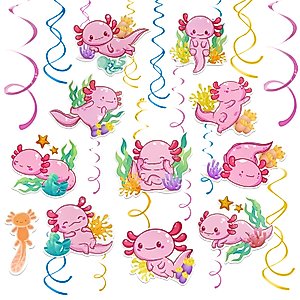 30 Pcs Axolotl Hanging Swirls Party Decorations Axolotl Birthday Party Spiral Decor Supplies Ceiling Decorations for Boys Girls Axolotl Fans