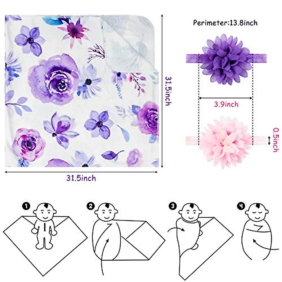 R HORSE Newborn Baby Swaddle Blankets Headband Sets Including 2 Pack of Swaddle Blanket & Headband Floral Pattern Receiving Blankets for Baby Shower Newborn Gift (0-3 Months)