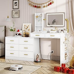 Hasuit Large Vanity Desk with Mirror and Lights,68.9'' Long Makeup Dressing Vanity Table with Charging Station, 8 Drawers, Vanity Mirror 3 Lighting Modes Adjustable, White