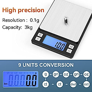 BOMATA Upgraded Small Food Scale with New Hold Function and Larger Display, 3000g/0.1g High Accuracy Digital Scale Grams and oz for Kitchen, Small Item, Jewelry, (2 Trays & Batteries Included)