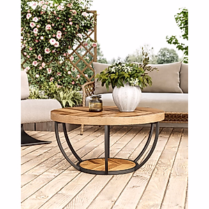 LITTLE TREE Round Coffee Table, 32" Circle Coffee Table for Living Room, 2-Tier Wood Accent Center Table with Open Storage Industrial Design Home Furniture (Wood Grain and Black)