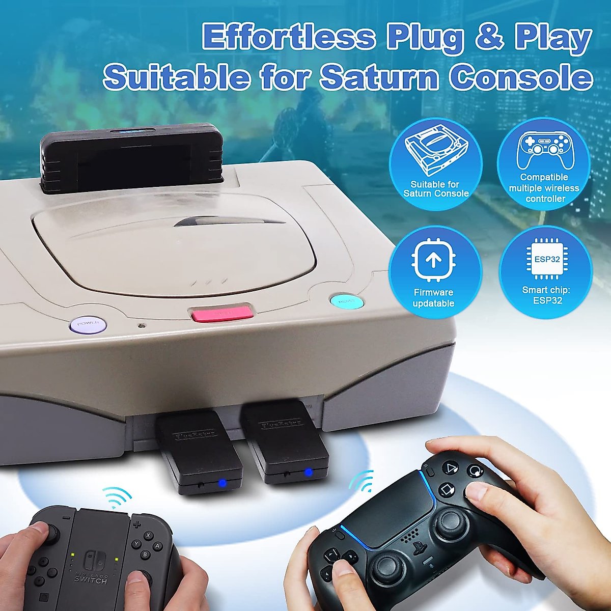 BITFUNX RetroScaler SEGA Saturn Wireless Controller Adapter - Supports SEGA Saturn Game Console, Compatible with PS3/PS4/PS5, Xbox One S, Series X/S, Switch Pro Bluetooth Controllers