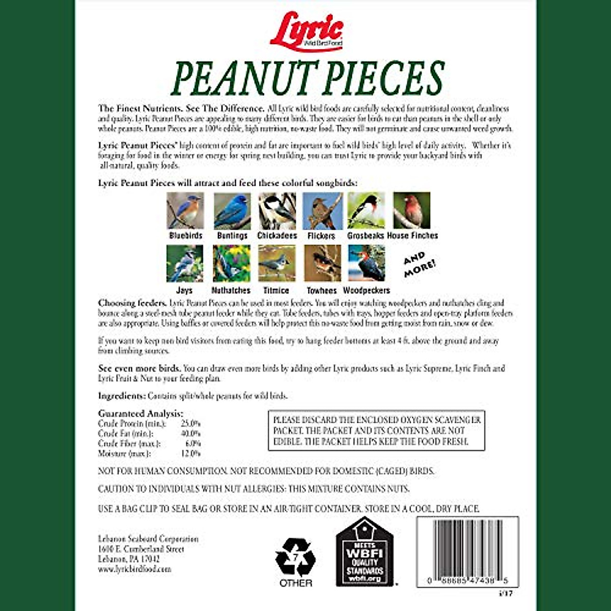 Lyric Peanut Pieces Wild Bird Seed - No Waste Bird Food - Attracts Titmice, Woodpeckers, Chickadees & More - 15 lb bag