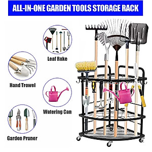 DIYTuning Garden Tool Organizer with Lockable Wheels and Storage Hooks,Garage Lawn and Outdoor,Steel Yard Tool Racks to Store Yard Long Rakes,Brooms,Mops and Buckets,Garden Tool Rolling Cart