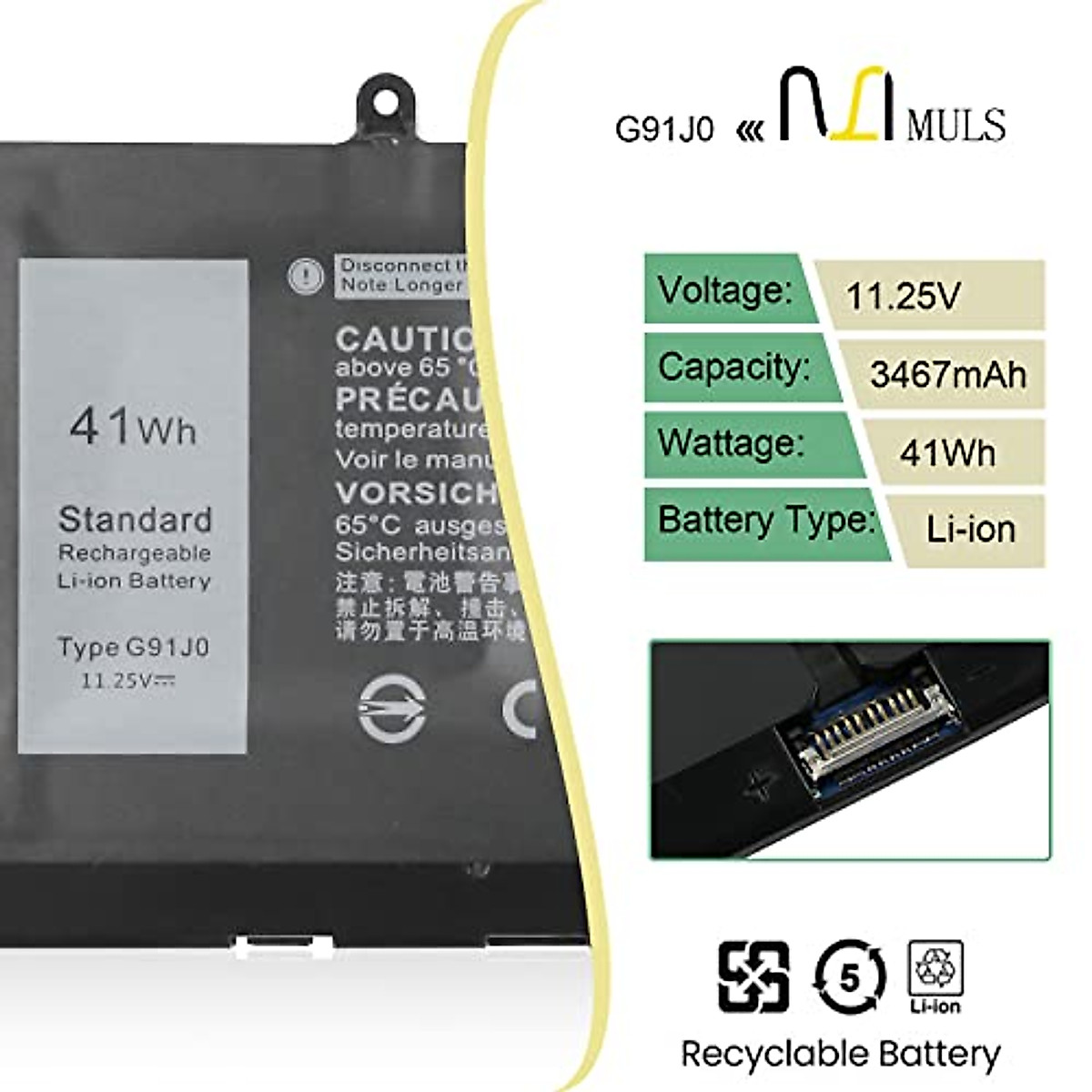 MULS G91J0 41Wh Laptop Battery for Dell Inspiron 13 5310 14 5410 14 Plus 7420 15 3510 3511 5510 16 5625 14 5410 2-in-1 Latitude 3320 3330 Vostro 5620 13 5310 14 3420 15 3510 V6W33 Laptop ​3467mAh