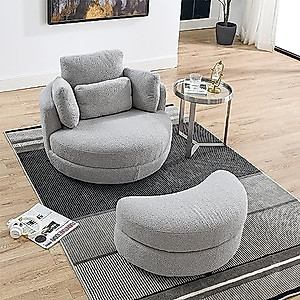 FULife Oversized Swivel Accent Barrel Chair with Storage Ottoman+4 Pillows,Comfy Upholstered 360 Recliner Sofa Club Chaise Leisure Round Loveseat Lounge Armchair for Living Room/Hotel/Nursery/Office
