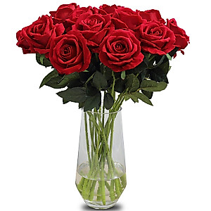 Bringsine Artificial Velvet Flowers Realistic Roses Bouquet with Long Stem for Home Wedding Decoration Party-Red