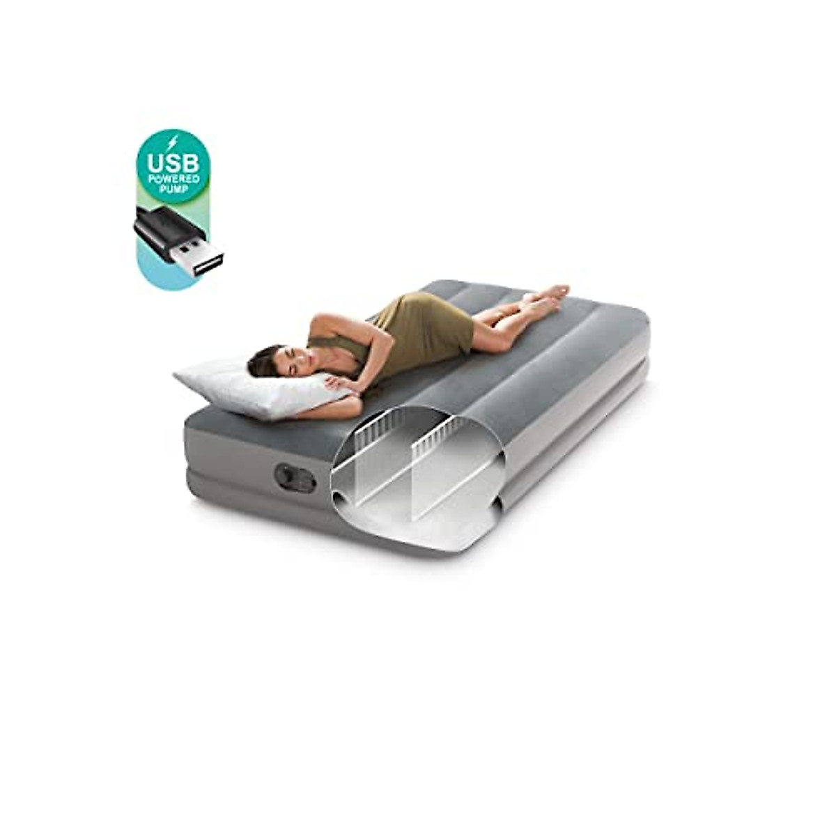 Intex 64112E Dura-Beam Standard Prestige Air Mattress: Fiber-Tech – Twin Size – Built-in USB Electric Pump – 12in Bed Height – 300lb Weight Capacity
