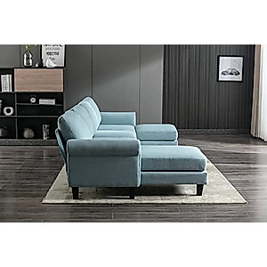 L-Shape Modular Sectional Sofa, Modern Upholstered Accent Sofa with Movable Ottoman, U-Shaped Corner Sofa with Armrest and Wood Legs, Lounge Couch Sofa for Living Room Bedroom Apartment, Light Blue