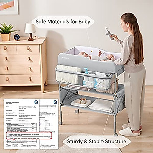 Baby Changing Table Portable Adjustable Changing Station for Tall, Foldable Diaper Changing Tables, Easy Clean Changing Table Topper, Large Storage Cholena Changing Station for Nursery, Light Grey