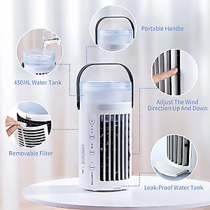Portable Air Conditioner, Hommie 5 in 1 Personal Mini Air Cooler with 2 Fans, 8 Colors LED Light and 3 Speeds, Small Desk Mini Ac Evaporative Cooler Fanfor Personal Use Small Room