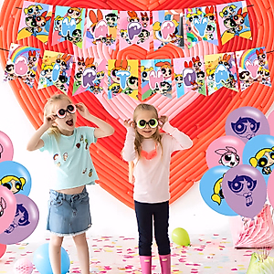 Powerpuff Girls Birthday Party Decoration, Powerpuff Girls Include Kawaii Cartoon Theme Birthday Banner, Cake Topper, Latex Balloons for Kids Birthday Party Supplies, Baby Shower
