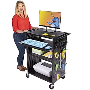 Line Leader Stellar AV Cart | Reimagine Your Teacher Cart with Revolutionary Pegboard Siding & 12 Movable Peg Hooks for Customizable Storage | UL Safety Certified Mobile Workstation with Keyboard Tray