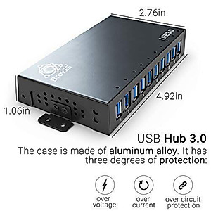 BrovSS: 10 Port Powered USB 3.0 Hub Aluminum - USB Hub Charger - Multiple Port Splitter Hub with 12V 5A 60W Power Adapter with USB Cable for Apple, Laptop, PC, USB Flash Drives, HDD Hard Drive (Black)