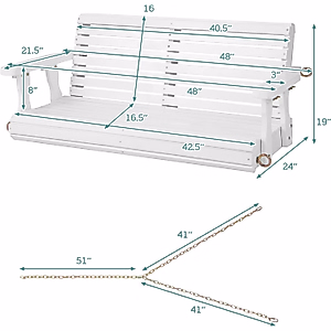 Tangkula 2 Person Hanging Porch Swing, Outdoor Bench Swing with Adjustable Chains, High Back, Cozy Armrests, Wooden Tree Swing Chair for Patio Backyard Deck Garden (White)