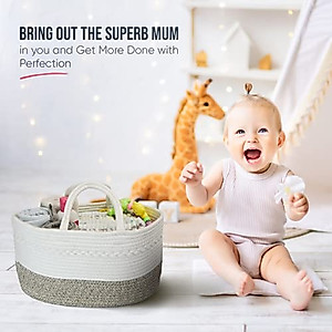 KEN Baby Diaper Caddy Organizer for Boy & Girl – Cotton Rope Diaper Organizer for Changing Table Perfect Basket for All Essentials – Brown White