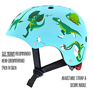 Hornit Mini Lids Kids Helmet. Fully-Adjustable Multi-Sport Hard Shell Helmet with Rear Safety Light, Medium, Jurassic