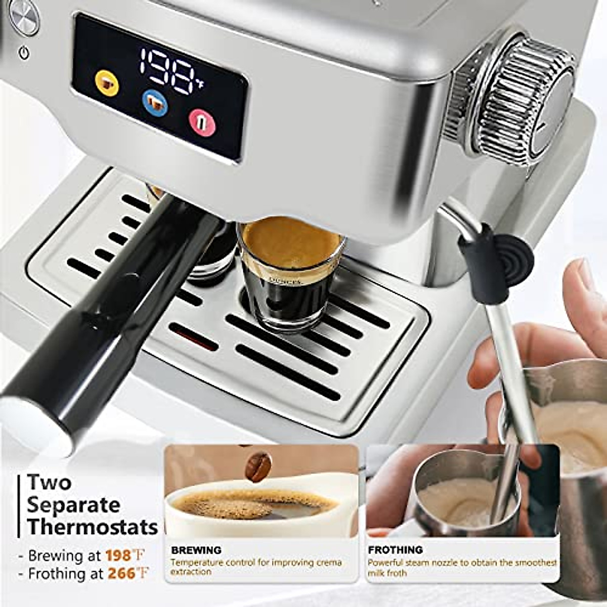 Homtone Espresso Machine 20 Bar, Stainless Steel Espresso Machine with Milk Frother for Cappuccino, Latte, Touch Screen Espresso Coffee Maker for Home (Modern)