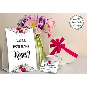 Floral Theme Guess How Many Kisses Bridal Shower Game,Wedding Shower,Bridal Shower Decorations,Popular Bridal Shower Games,Engagement Party Game,Set Including 1 Sign And 50 Guessing Cards-03
