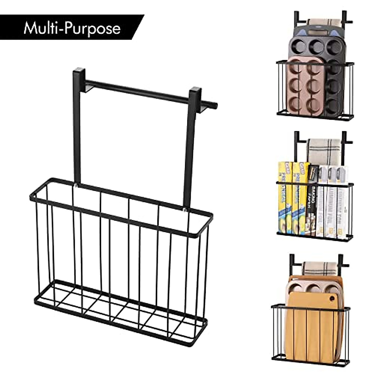 KES Cabinet Door Organizer with Towel Bar & Pots and Pans Organizer, Matte Black , KUR520-BK+KUR510-BK