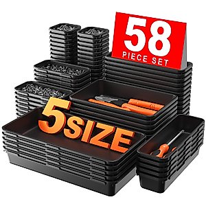 A-LUGEI【𝟱𝟴𝗣𝗰𝘀】【5 Size】 Tool Box Organizer Tray Divider Set, 【Black】 Desk Drawer Organizer, Garage Organization and Storage Toolbox Accessories Rolling Tool Chest Cart Cabinet WorkBench Small Part