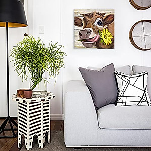 Cow Pictures Wall Decor Country Farmhouse Canvas Wall Art Rustic Sunflower Bathroom Decor Framed Artwork Paintings for Wall Decorations for Bedroom Office Kitchen Living Room,Ready to Hang 13.4" X 13.4"
