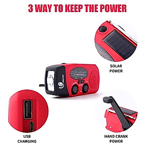 GREATONE Weather Radio Emergency Hand Crank Self Powered AM/FM NOAA Solar Portable Camping Weather Radio with LED Flashlight，2000mah Portable Charge for Phone Survival Pack 071 (red)