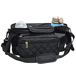 ComfyDegree Universal Baby Stroller Organizer Anti-Slip Detachable Pouch Bag Insulated Bottle Cup Holders Tissue Compartment, Secured Straps, Pockets for Diaper, Phone, Keys, Toys (Black)
