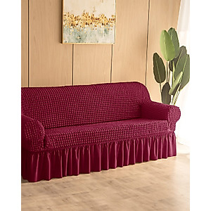 BLUESURGE Sofa Slipcover 1 Piece for 3 Cushion Couch Cover with Skirt, Durable Washable High Elastic Stretchable, Easy Fit Universal Furniture Protector (3 Seater, Maroon)