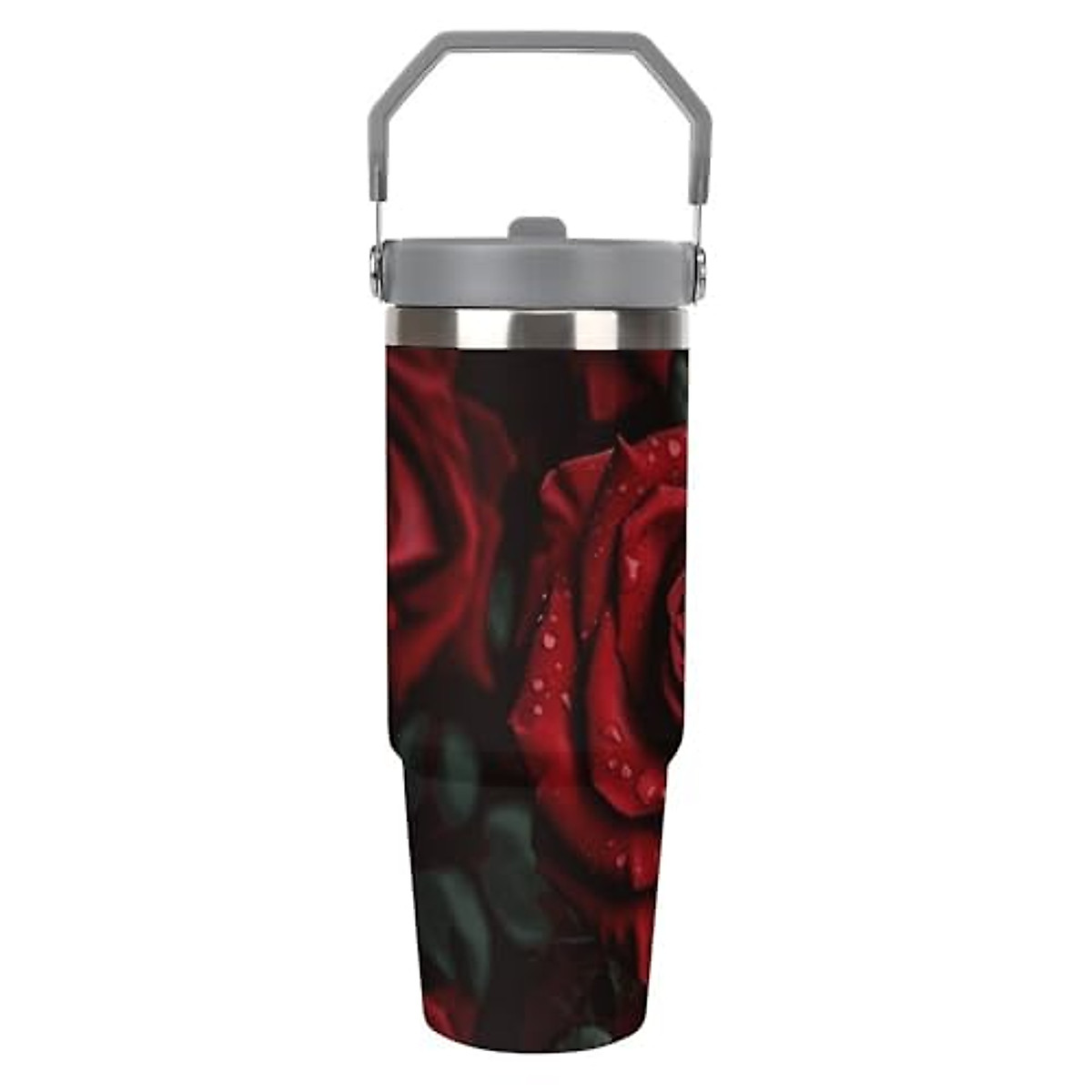 RTFGHJS Red Rose 30 Oz Tumbler with Handle And Flip Straw, Stainless Steel Vacuum Insulated Travel Mug, Thermal Cup for Coffee, Water, Iced Drinks, Fits Car Cup Holders (Home, Sports)